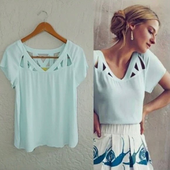 Maeve | Tops | New Anthropologie Maeve Lattice Neckline Tri Cut Blouse ...